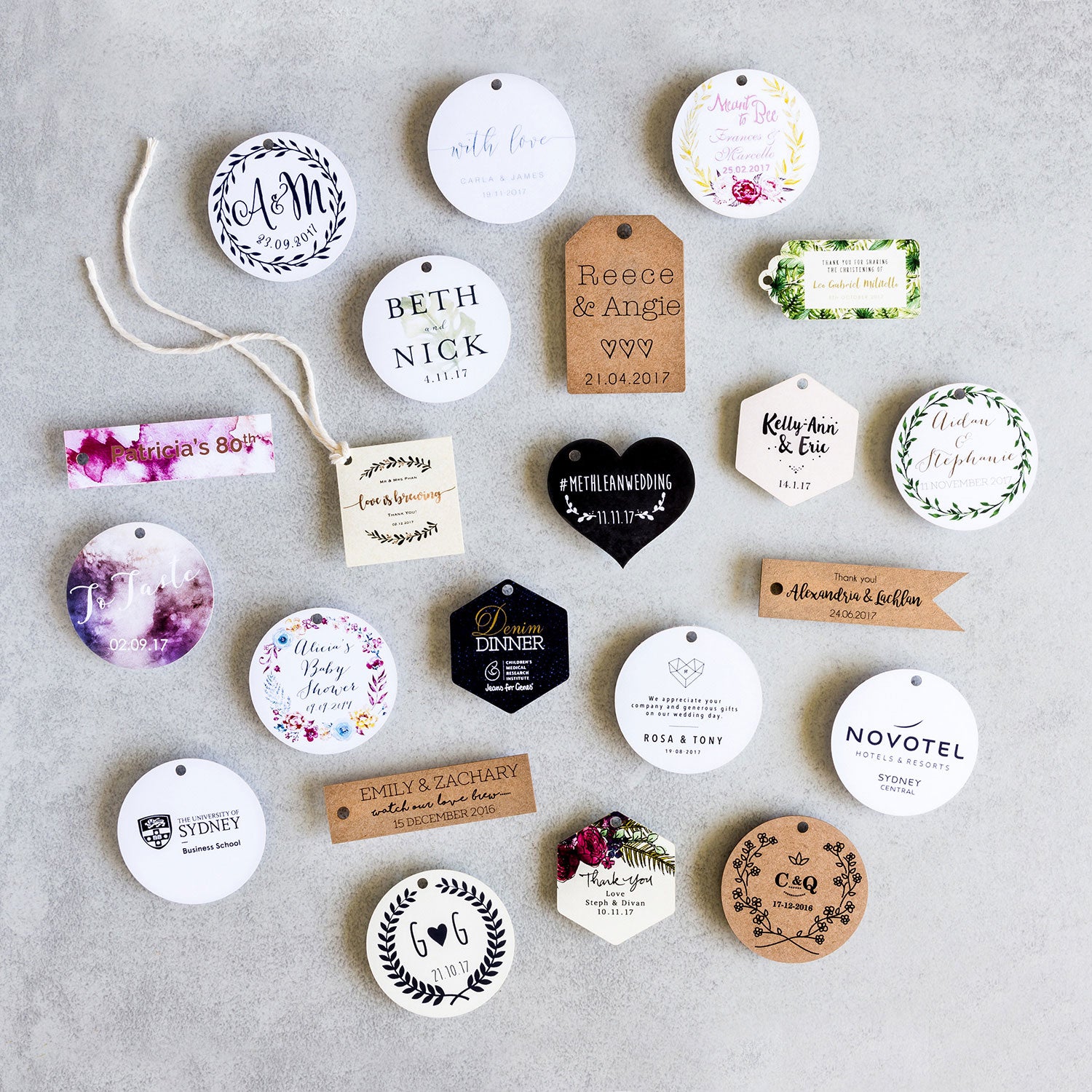 Wooden and paper based invitations, swing tags, save the date and more ...